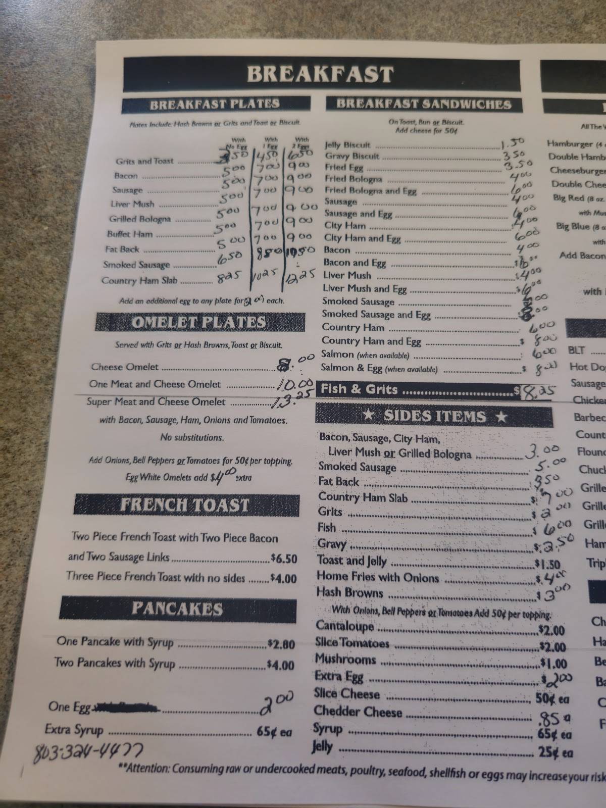 Menu at Red's Grill restaurant, Rock Hill