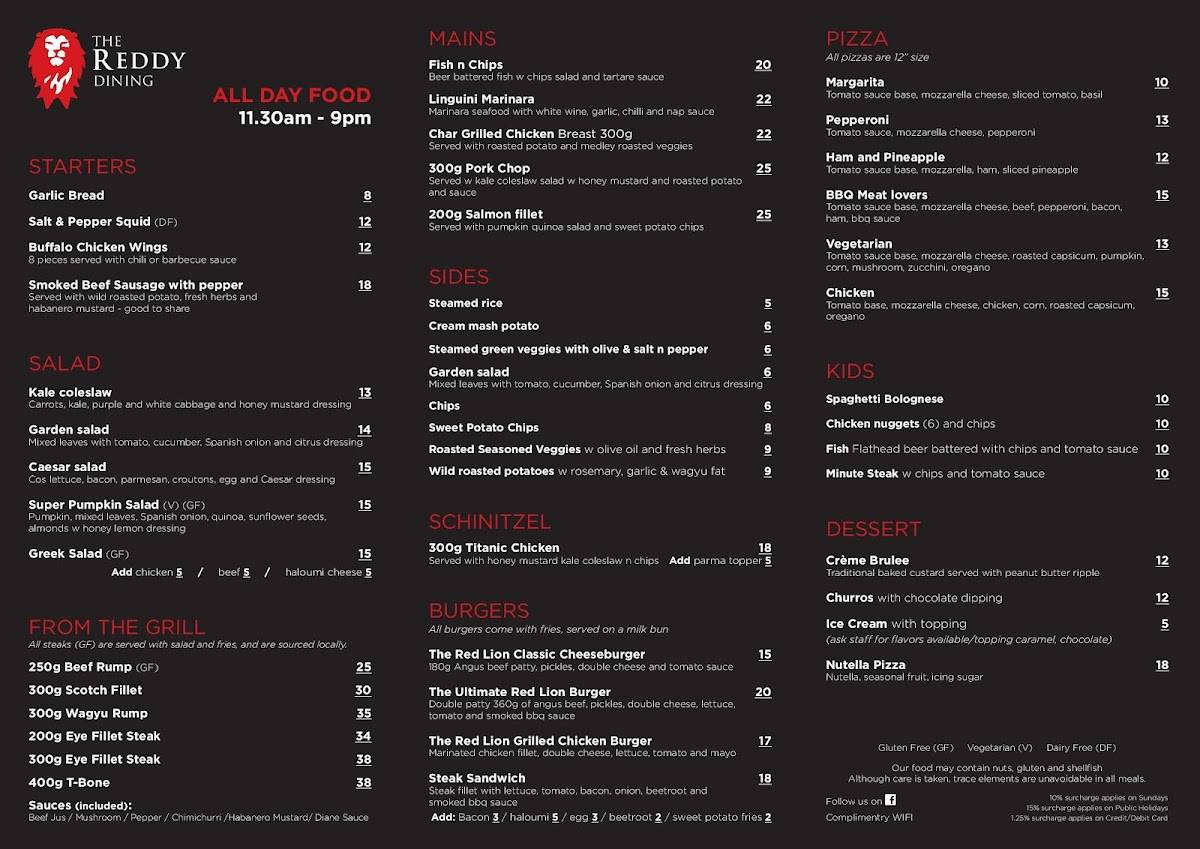 Menu at Red Lion Hotel pub & bar, Allenstown