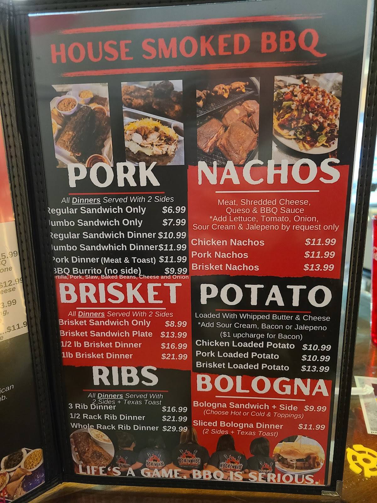 Menu at Rockin’ Hog Smokehouse restaurant, Batesville