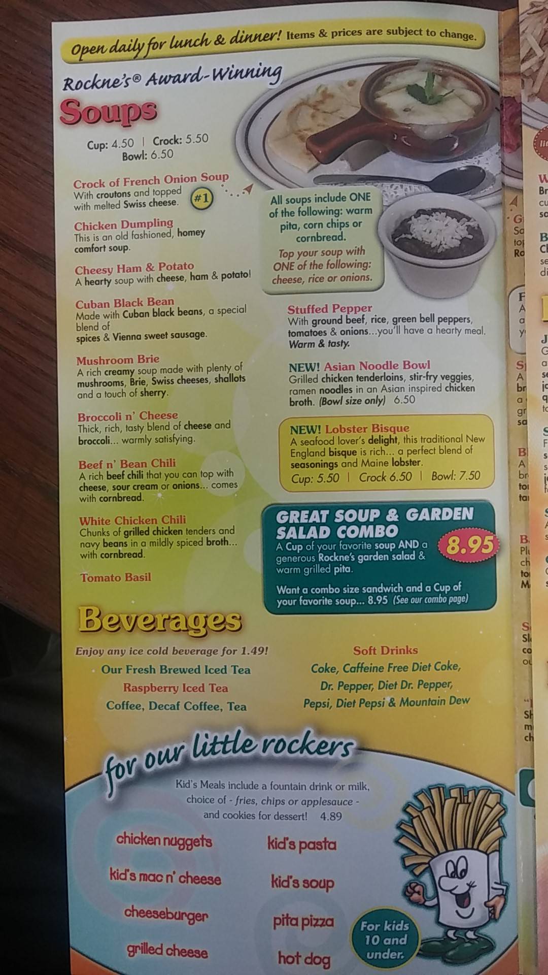 Menu at Rockne's restaurant, Massillon