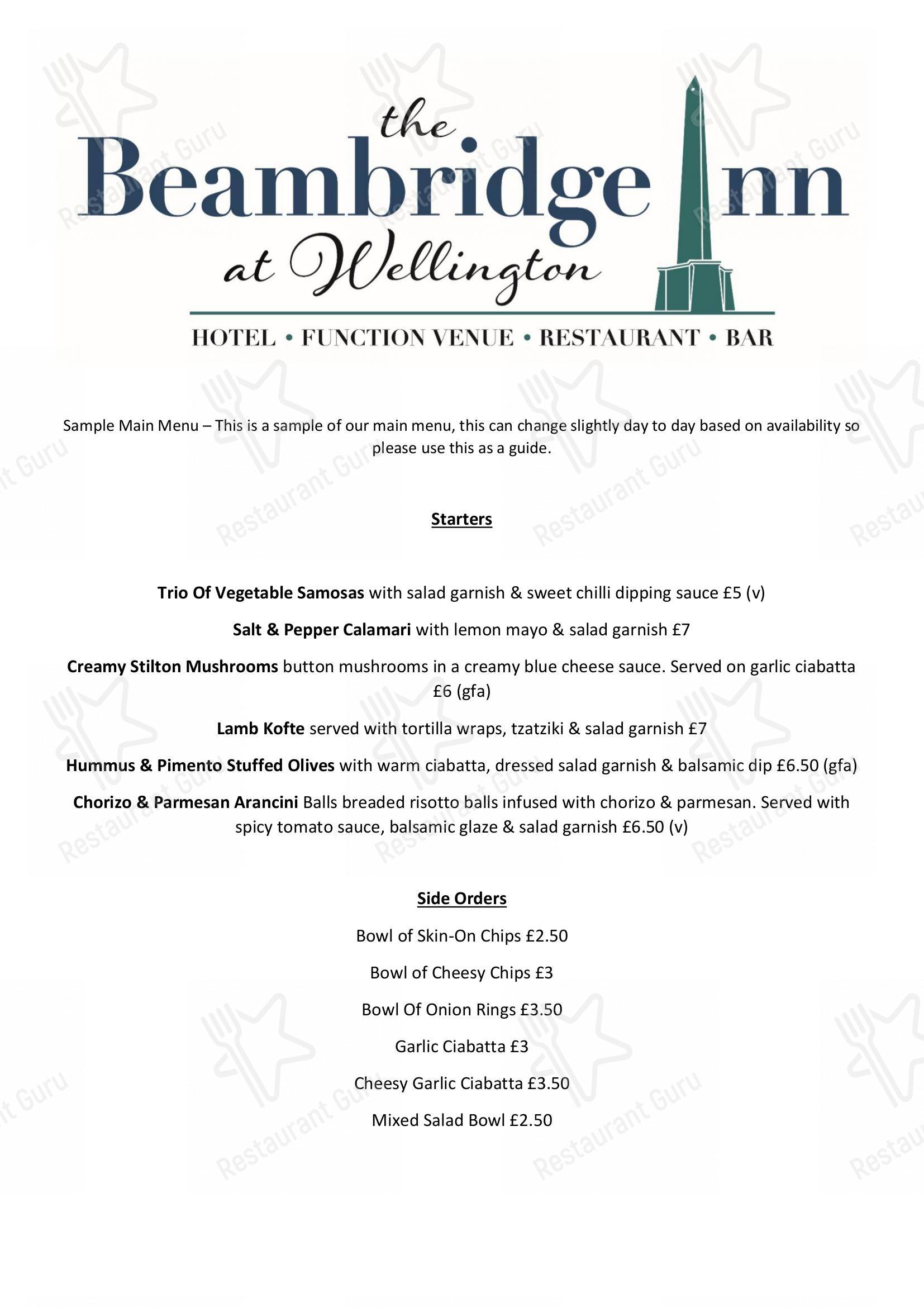 Menu at Beambridge Inn pub & bar, Wellington