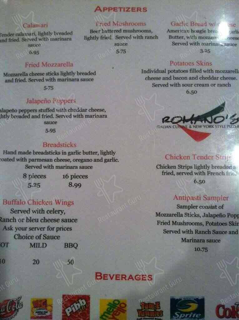 Menu at Romanos Italian Cuisine restaurant, Rockwell