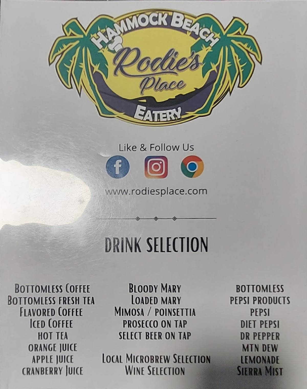 Menu at Rodie’s Place restaurant, Palm Coast