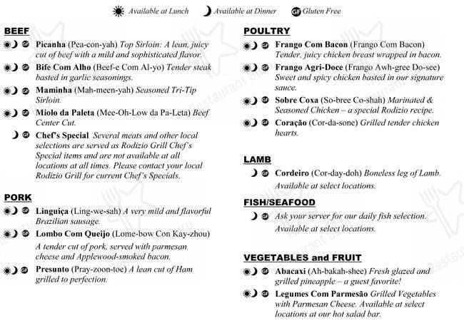 Menu at Rodizio Grill Brazilian Steakhouse Lincoln, Lincoln