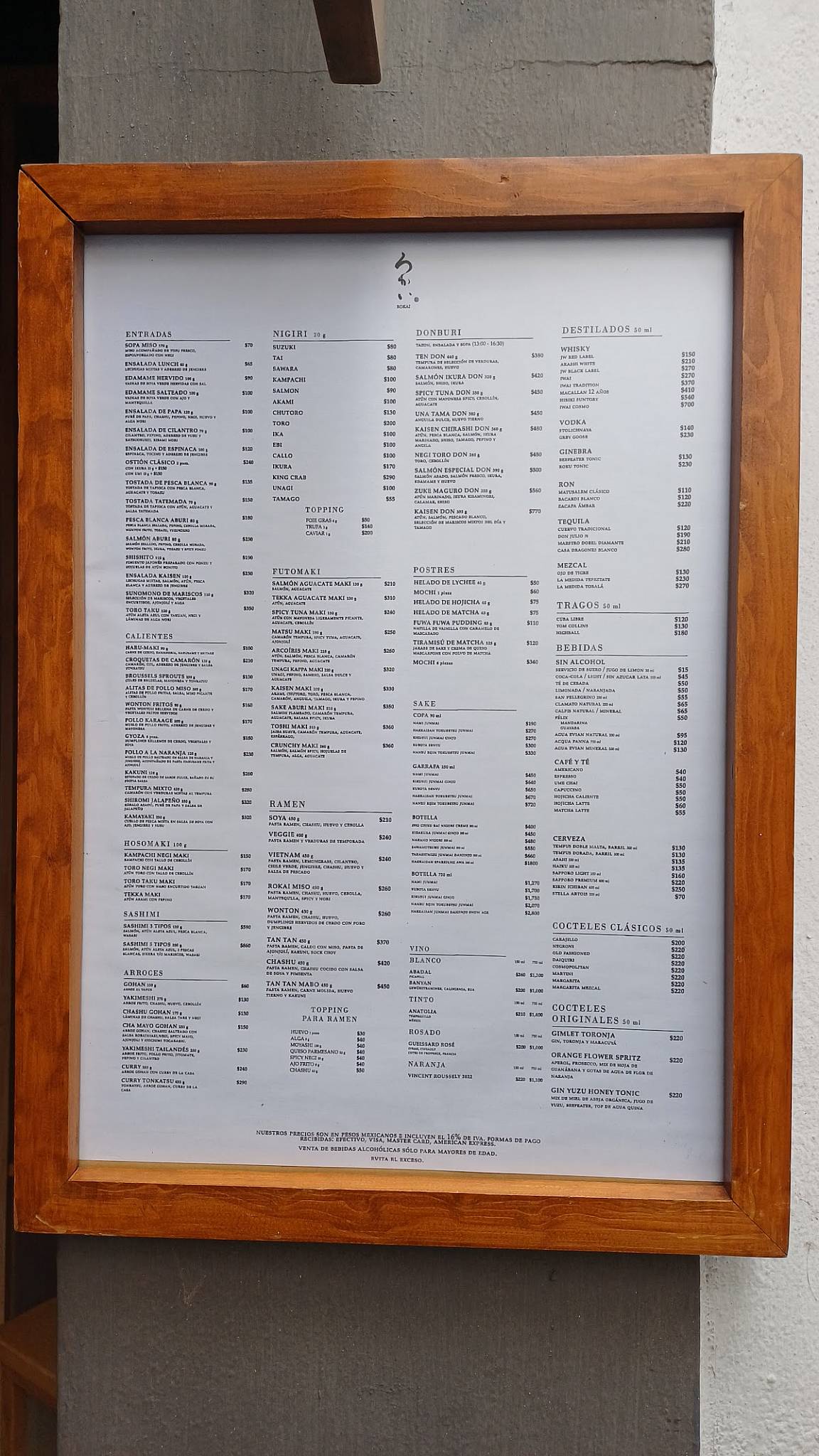 Carta del restaurante Rokai Ramen-Ya, Ciudad del México
