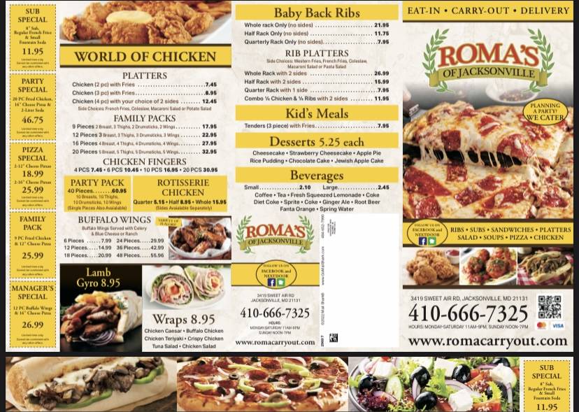 Menu at Roma Carry Out pizzeria, Fallston