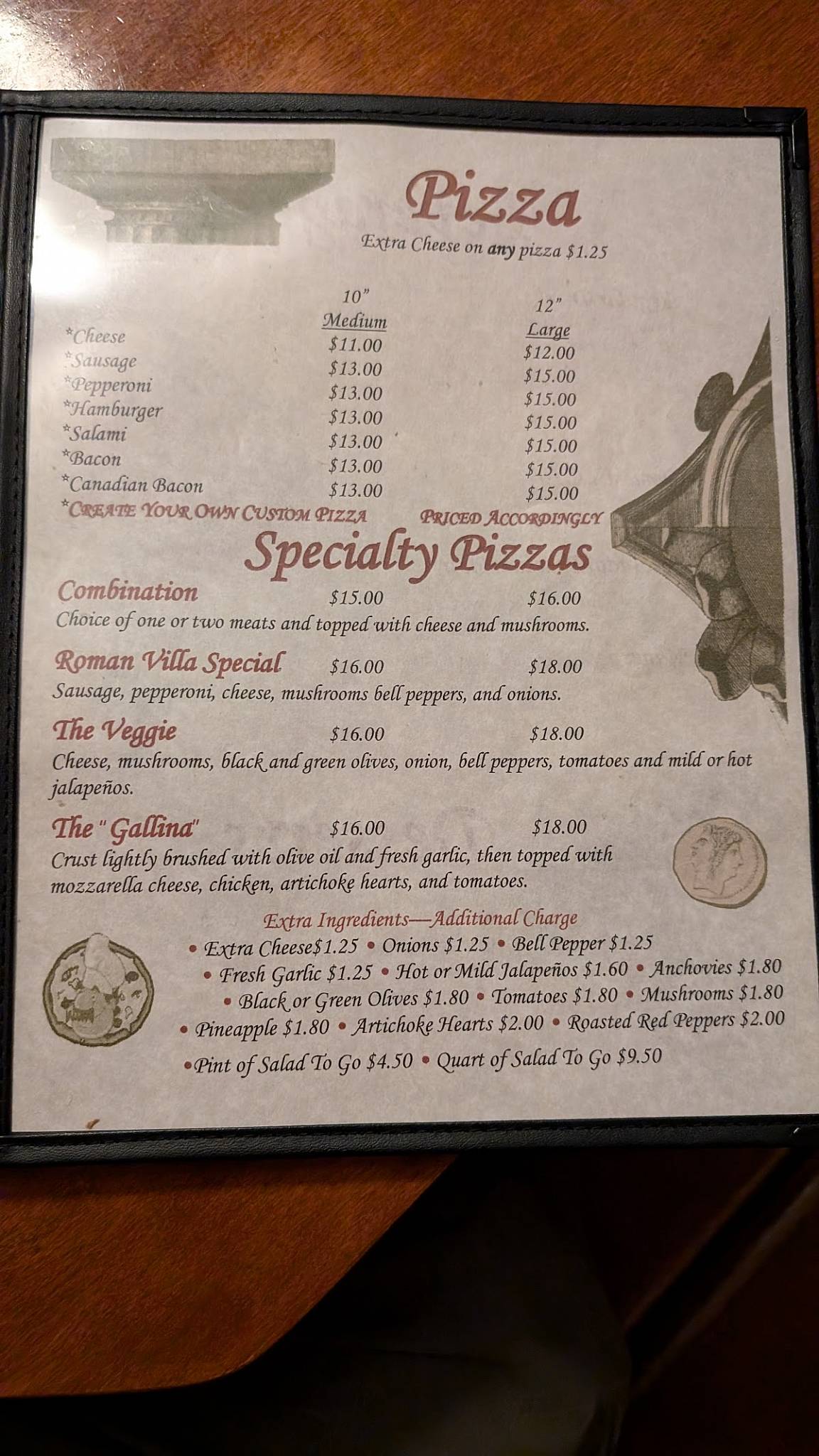 Menu at Roman Villa Pizza restaurant, Colorado Springs