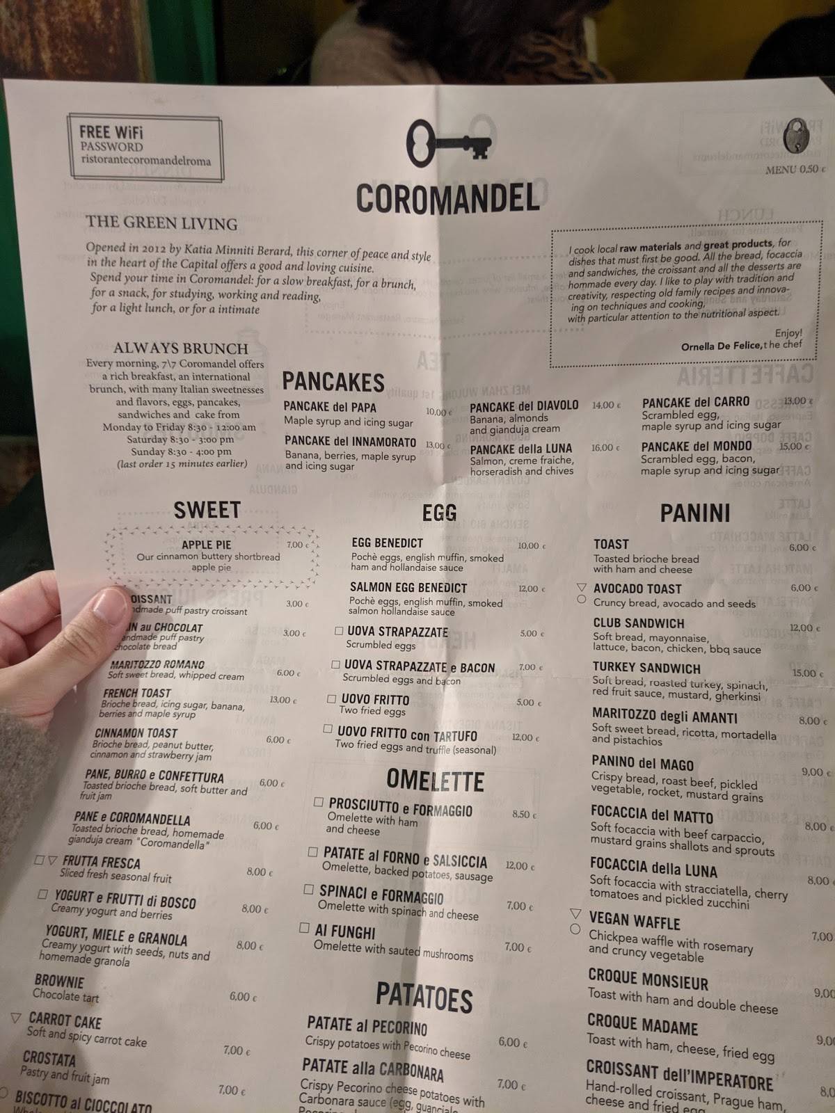 Menu at Coromandel restaurant, Rome