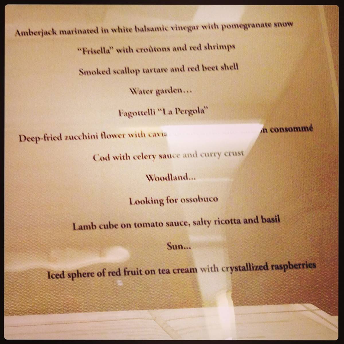 Menu at La Pergola restaurant, Rome, Via Alberto Cadlolo