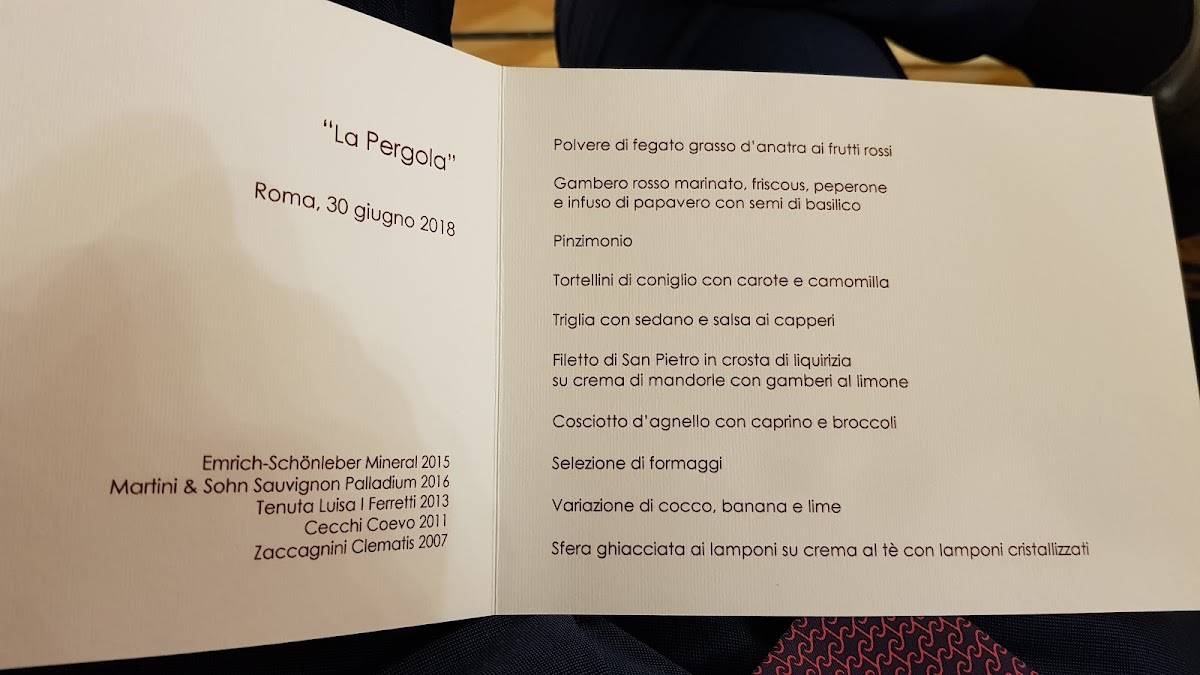 Menu at La Pergola restaurant, Rome, Via Alberto Cadlolo