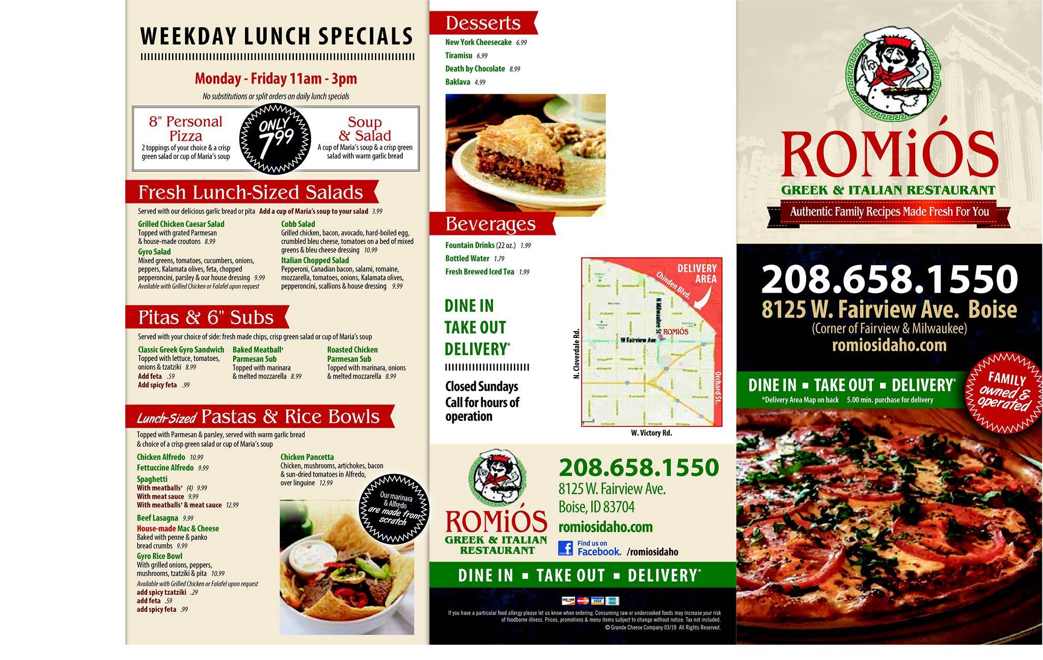 Carta de pizzería Romio's Greek & Italian Kitchen, Boise, W Fairview Ave