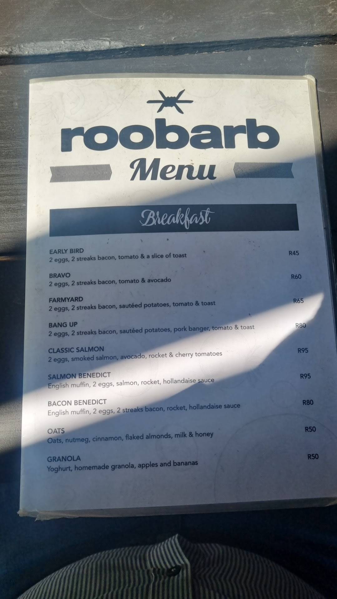 Menu at Roobarb, Cape Town