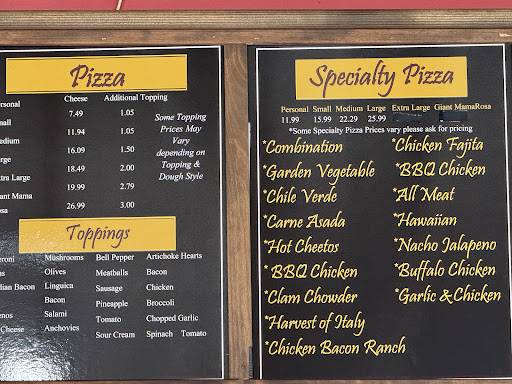 Menu at Rosa's Pizza Selma pizzeria, Selma