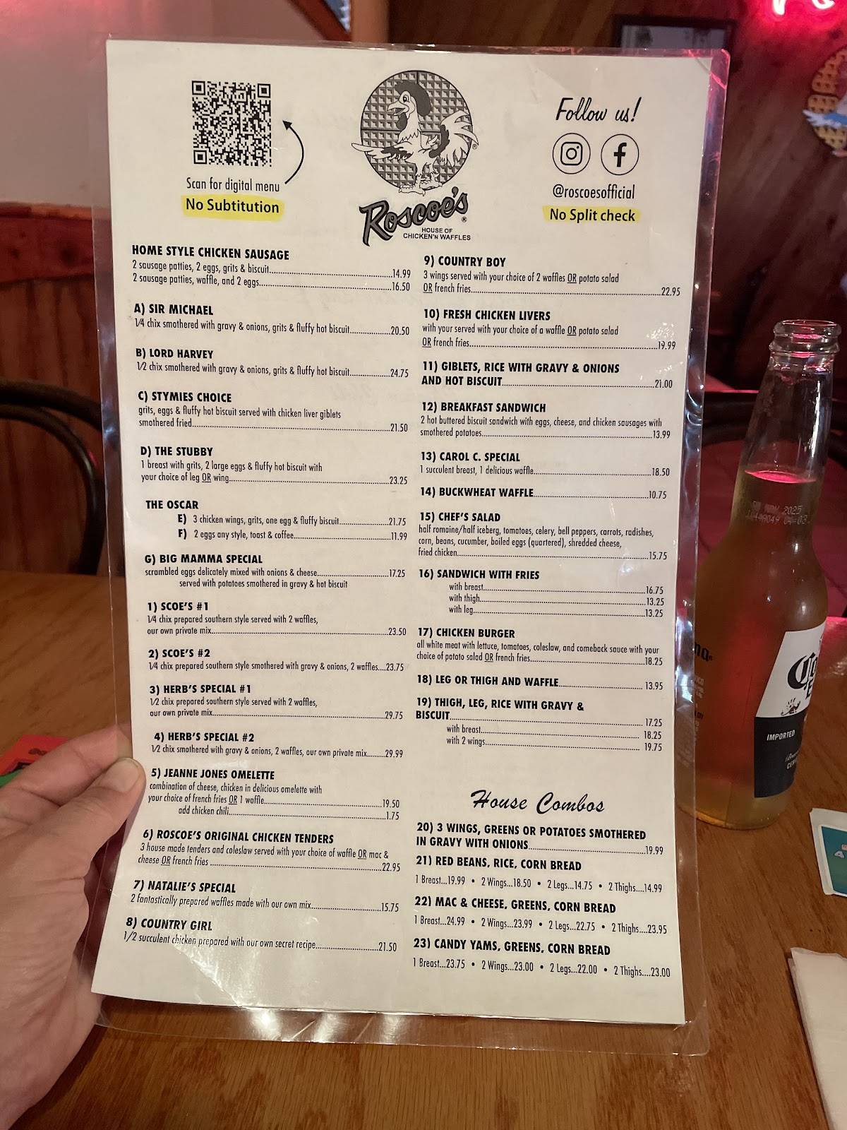 Menu at Roscoe's Chicken & Waffles restaurant, Los Angeles, N Gower St