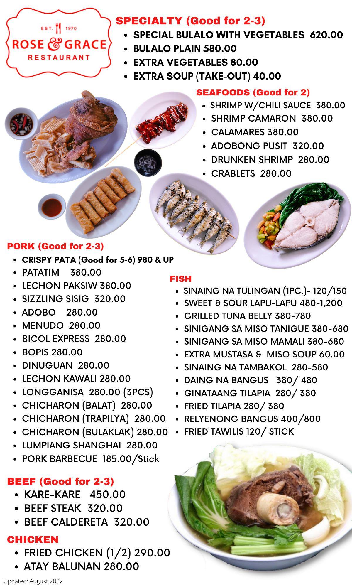 Menu at Rose and Grace Restaurant, Santo Tomas, 1