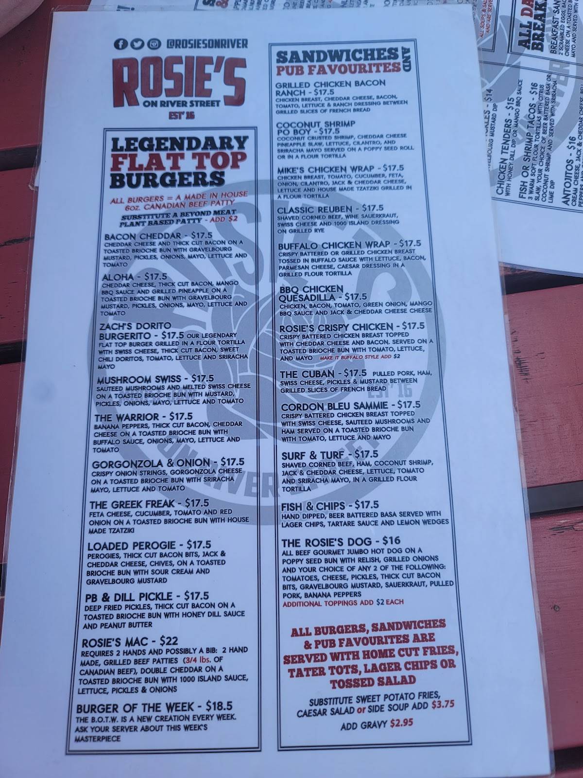 Menu at Rosie's on River Street restaurant, Moose Jaw