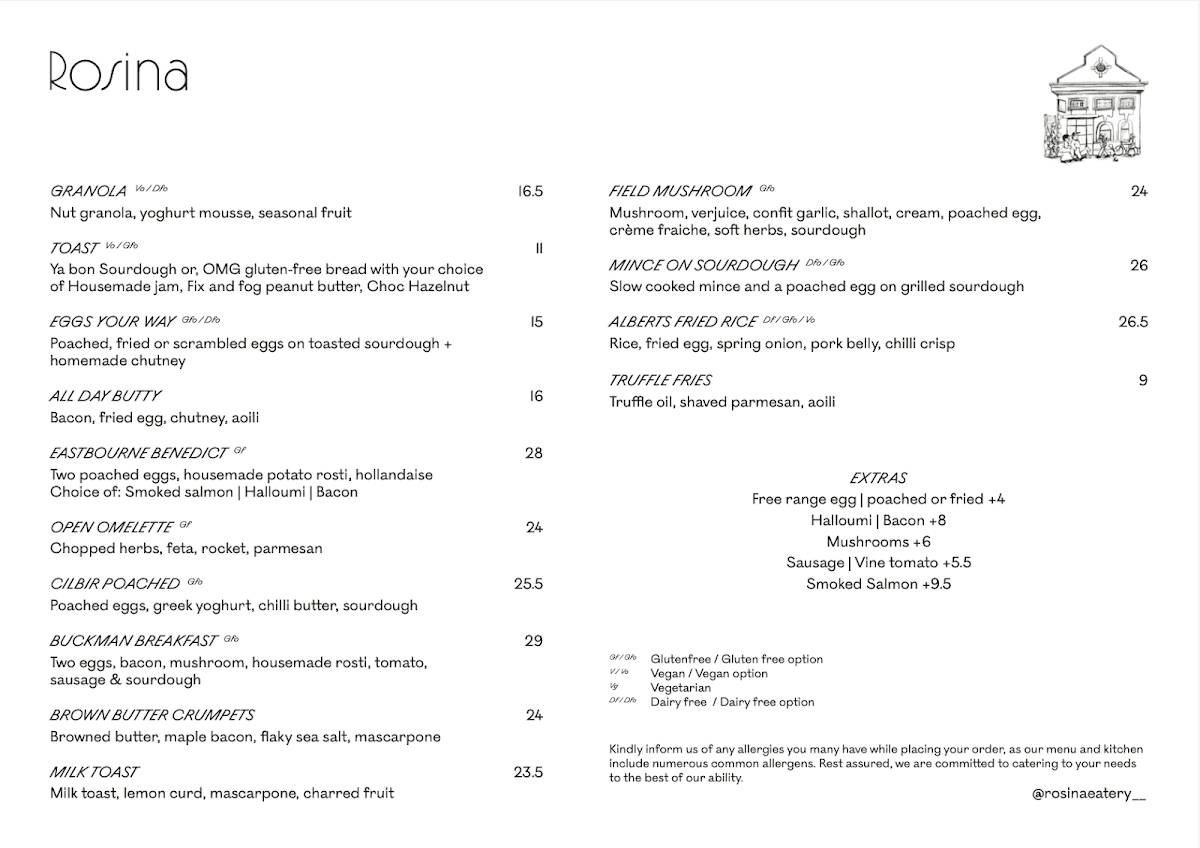 Menu at Rosina Eatery cafe, Hastings