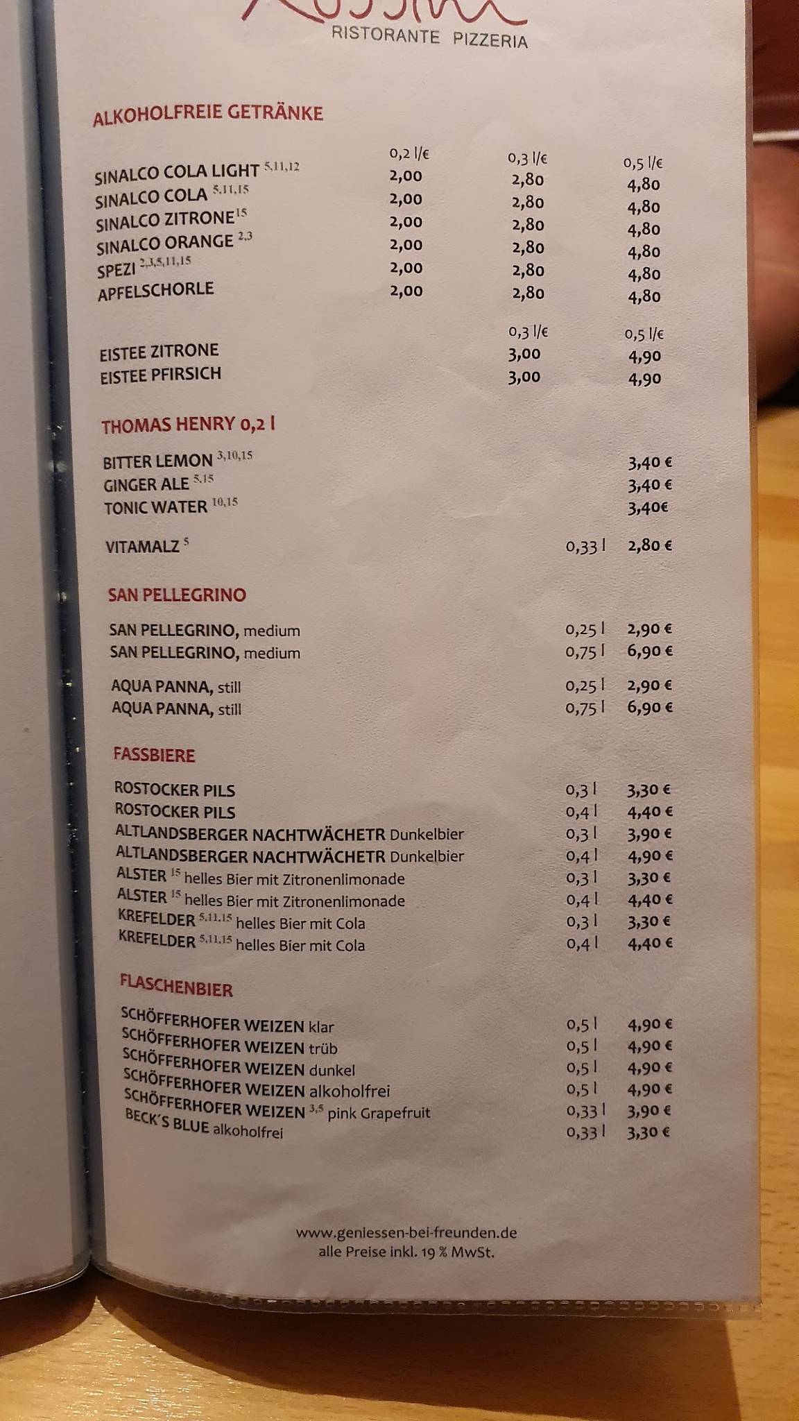 Speisekarte von Rossini Ristorante Pizzeria, Kühlungsborn
