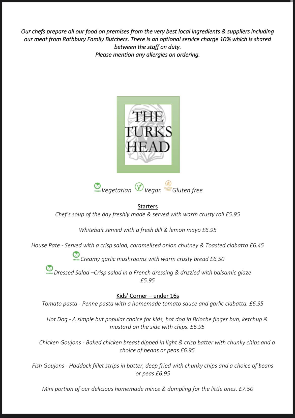 Menu at The Turks Head pub & bar, Rothbury