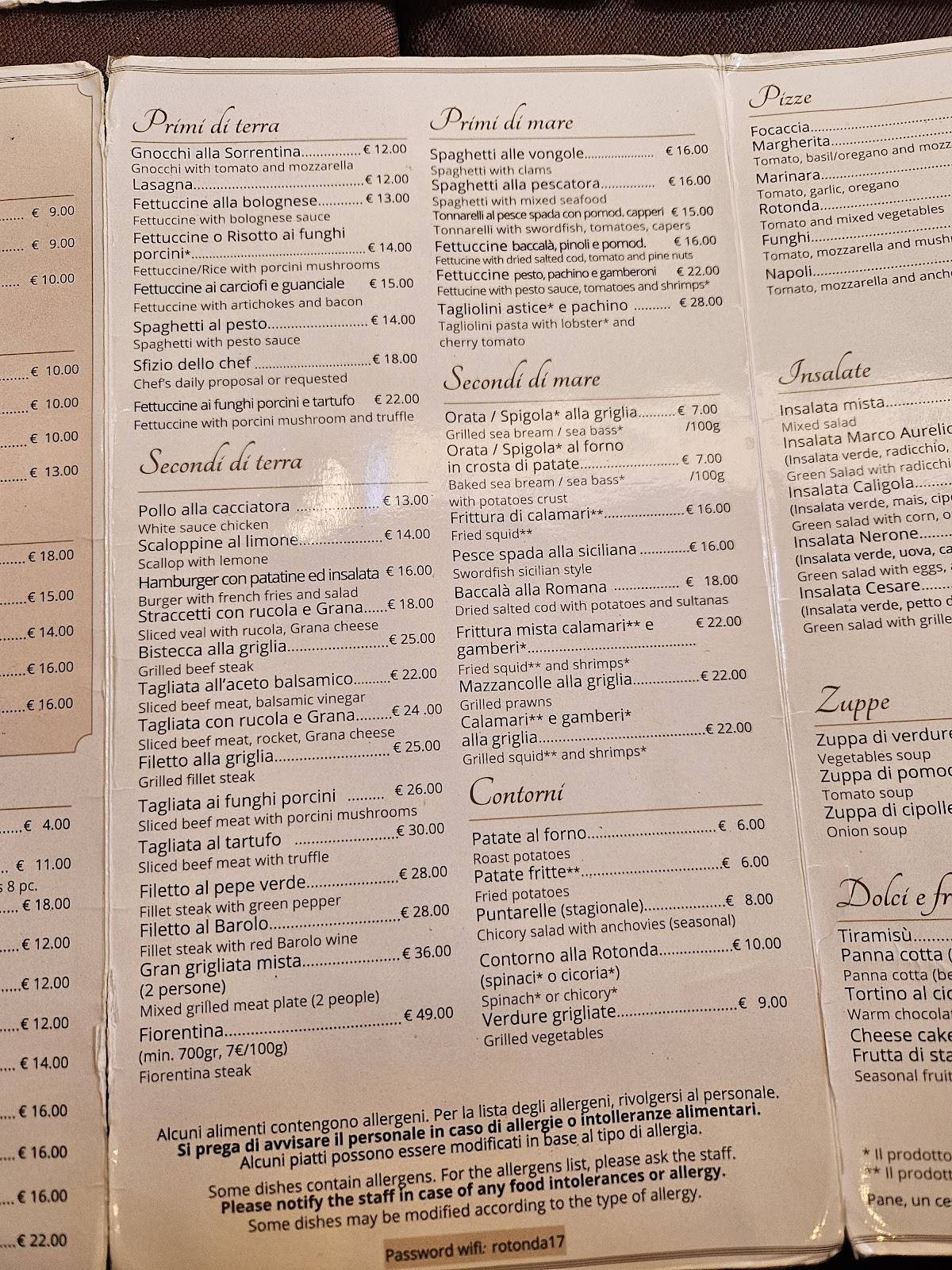 Menu at Rotonda Restaurant Trattoria, Rome