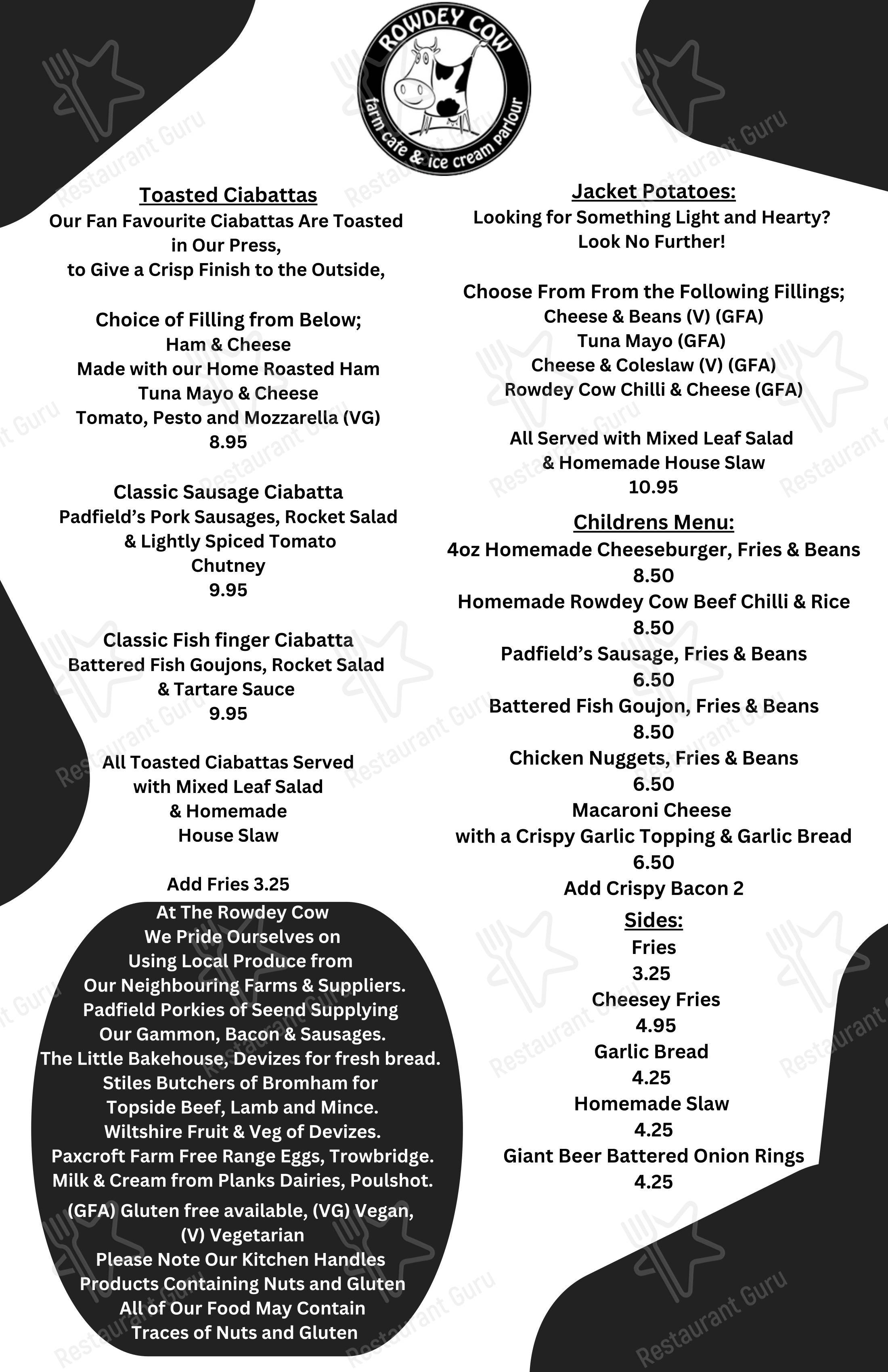 Menu at Rowdey Cow Farm Cafe & Ice Cream Parlour, Devizes