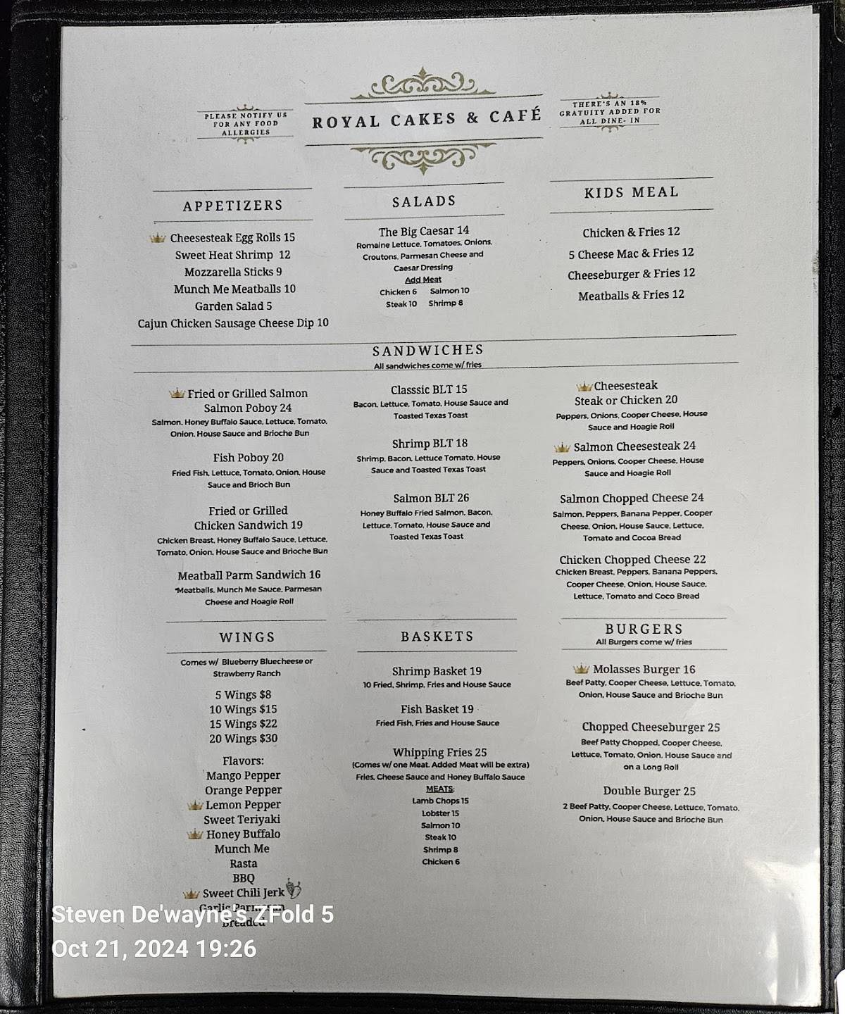 Menu at Royal Cake Creations- Royal Cake Cafe, Trenton