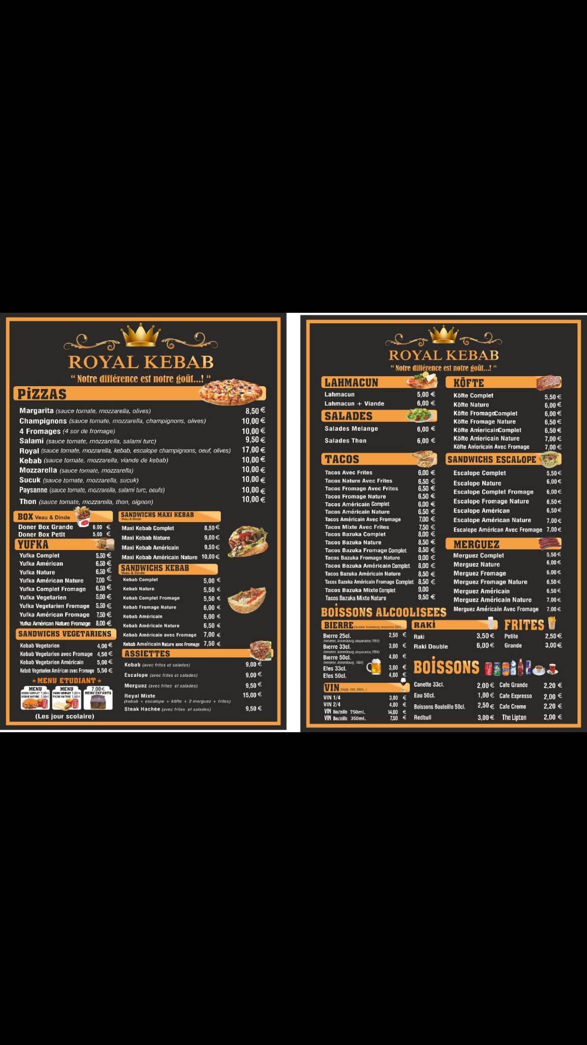 Menu au Royal Kebab restaurant, Vieux-Ferrette