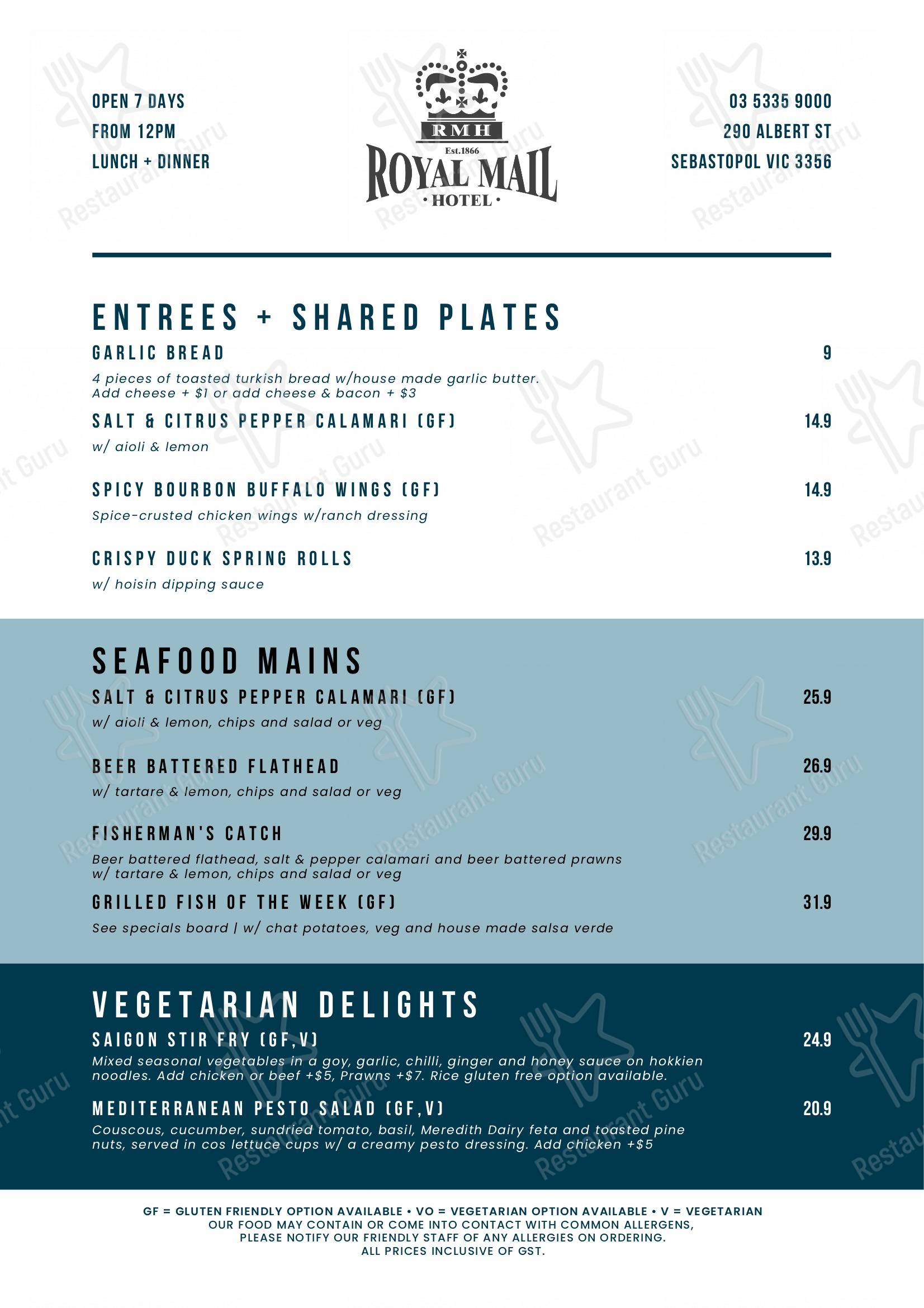 Menu at Royal Mail Hotel, Sebastopol pub & bar, Sebastopol