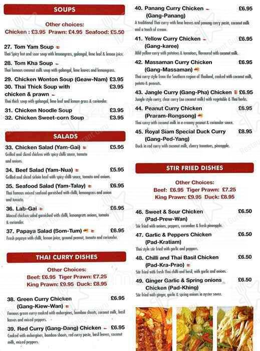 Menu at Royal Siam Thai Restaurant, Dartford