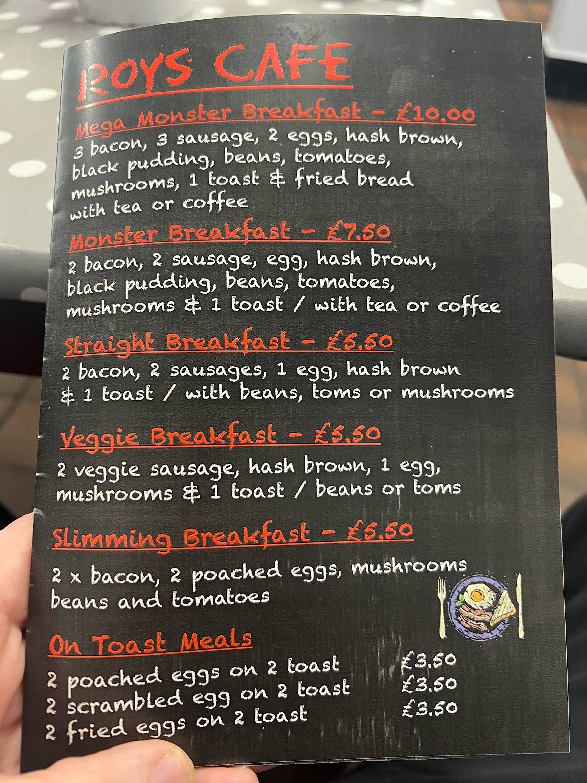 Menu at Roys cafe, Leominster