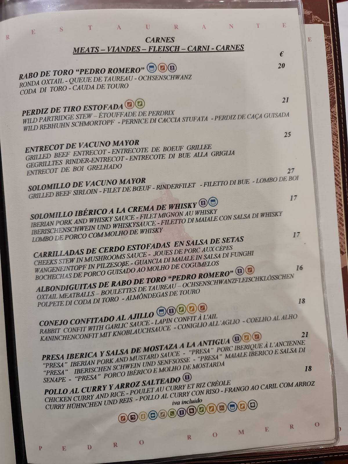 Menu at Rte. Pedro Romero Ronda restaurant, Ronda