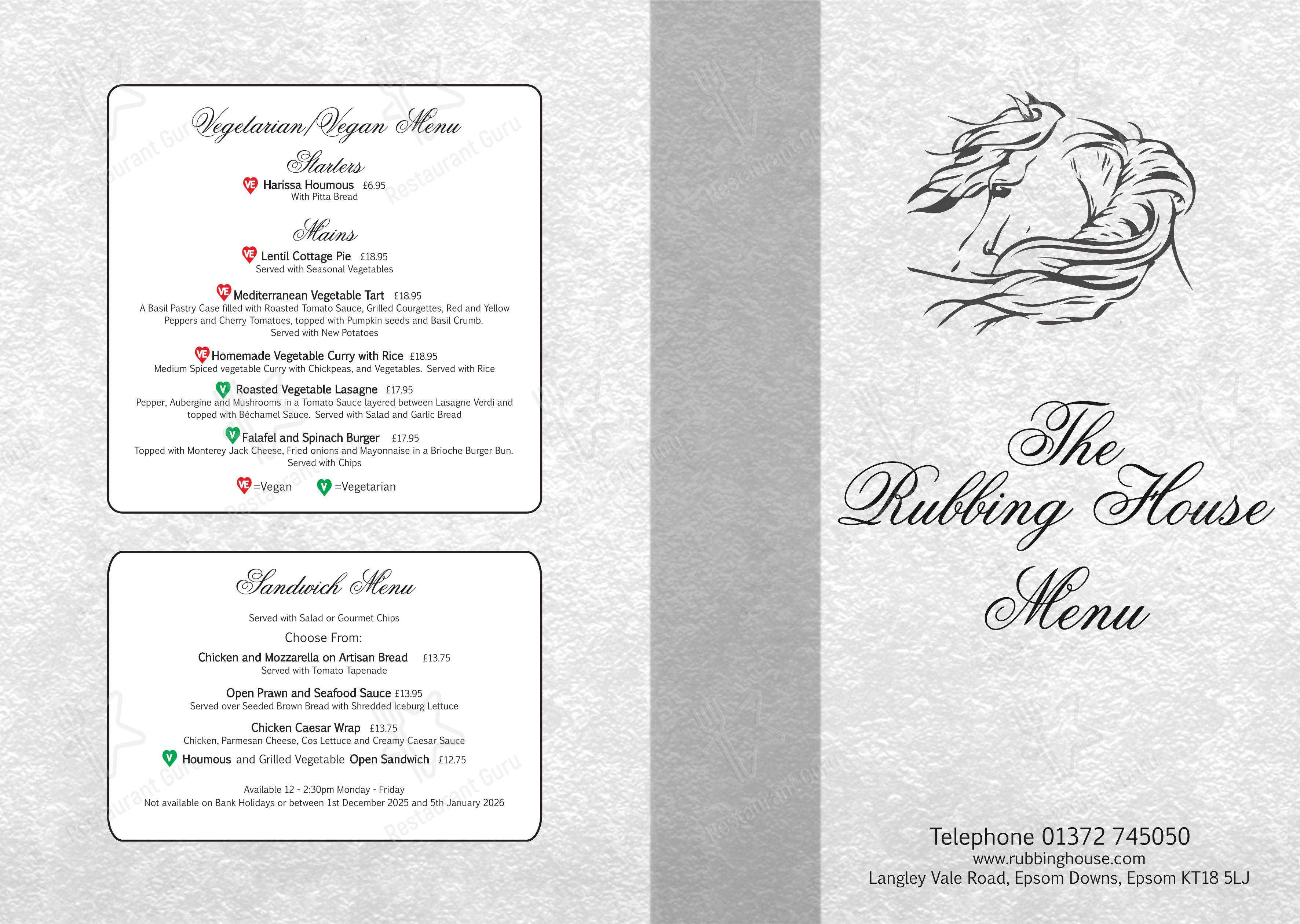 Menu at Rubbing House pub & bar, Epsom
