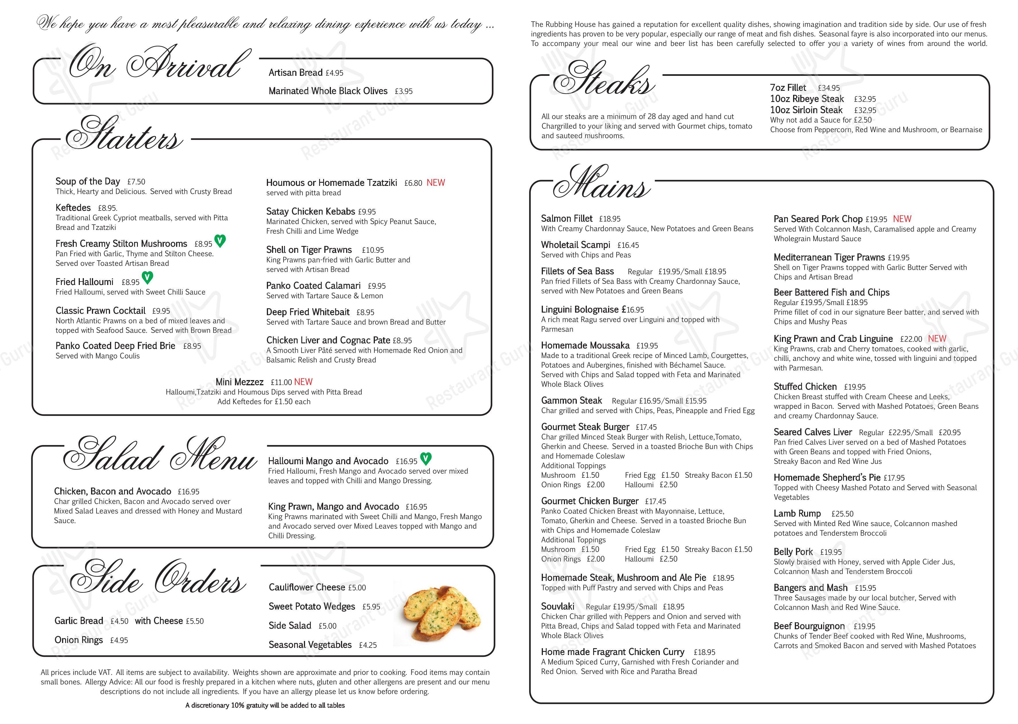 Menu at Rubbing House pub & bar, Epsom