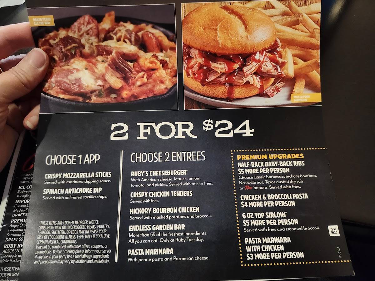 Menu at Ruby Tuesday restaurant, Bismarck, State St