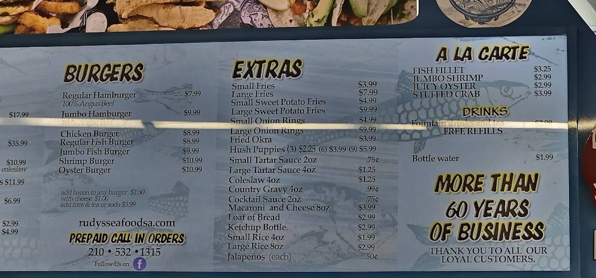 Menu at Rudy's Seafood restaurant, San Antonio