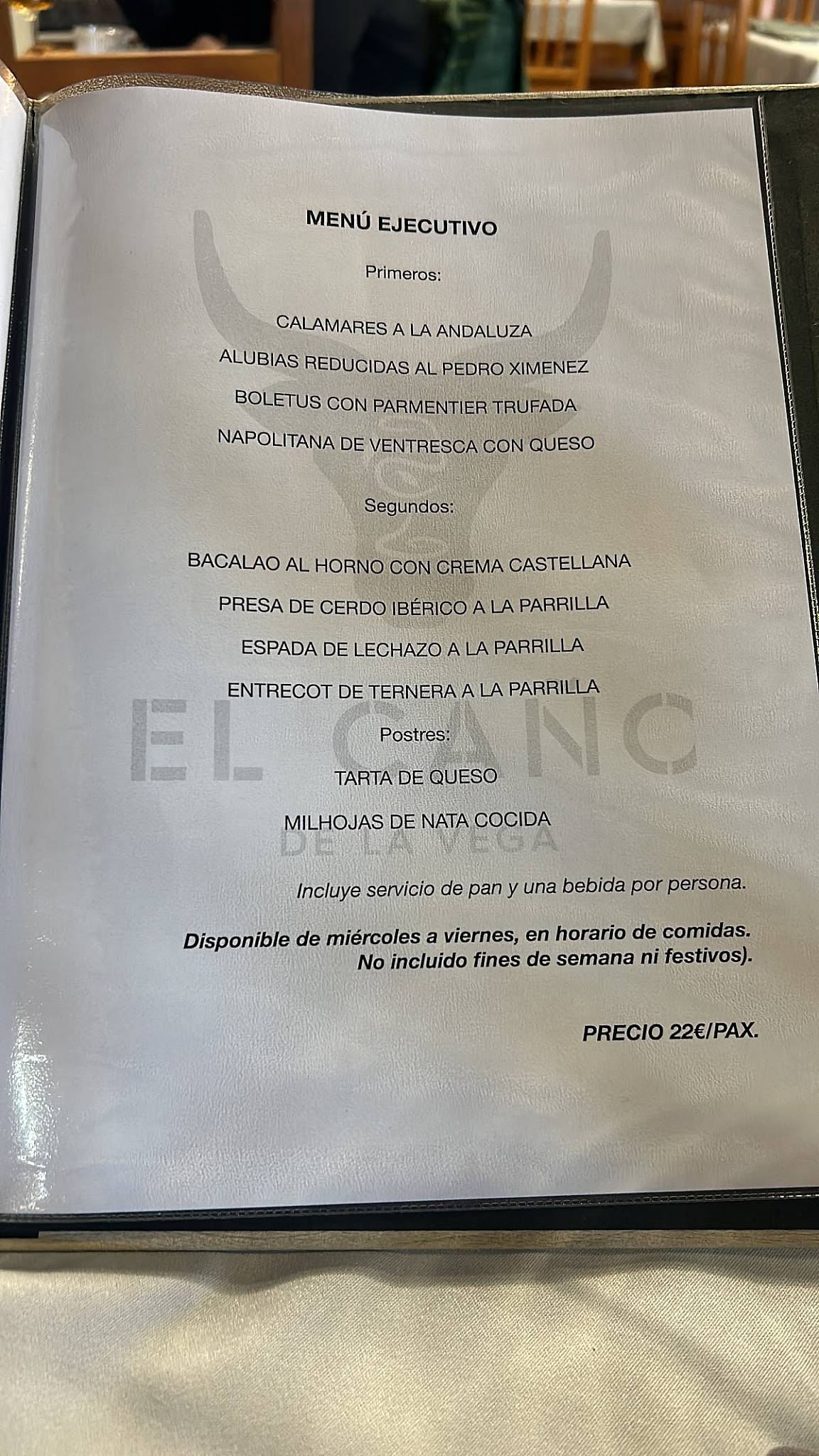 Menu at El Caño de la Vega restaurant, Rueda