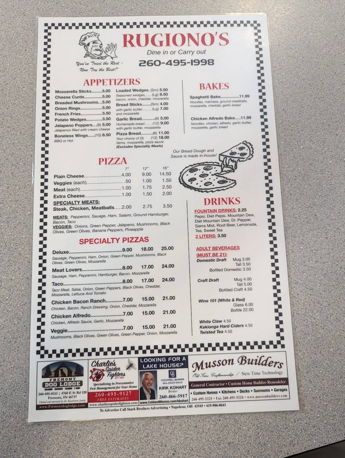 Menu at Rugiono's pizzeria, Fremont