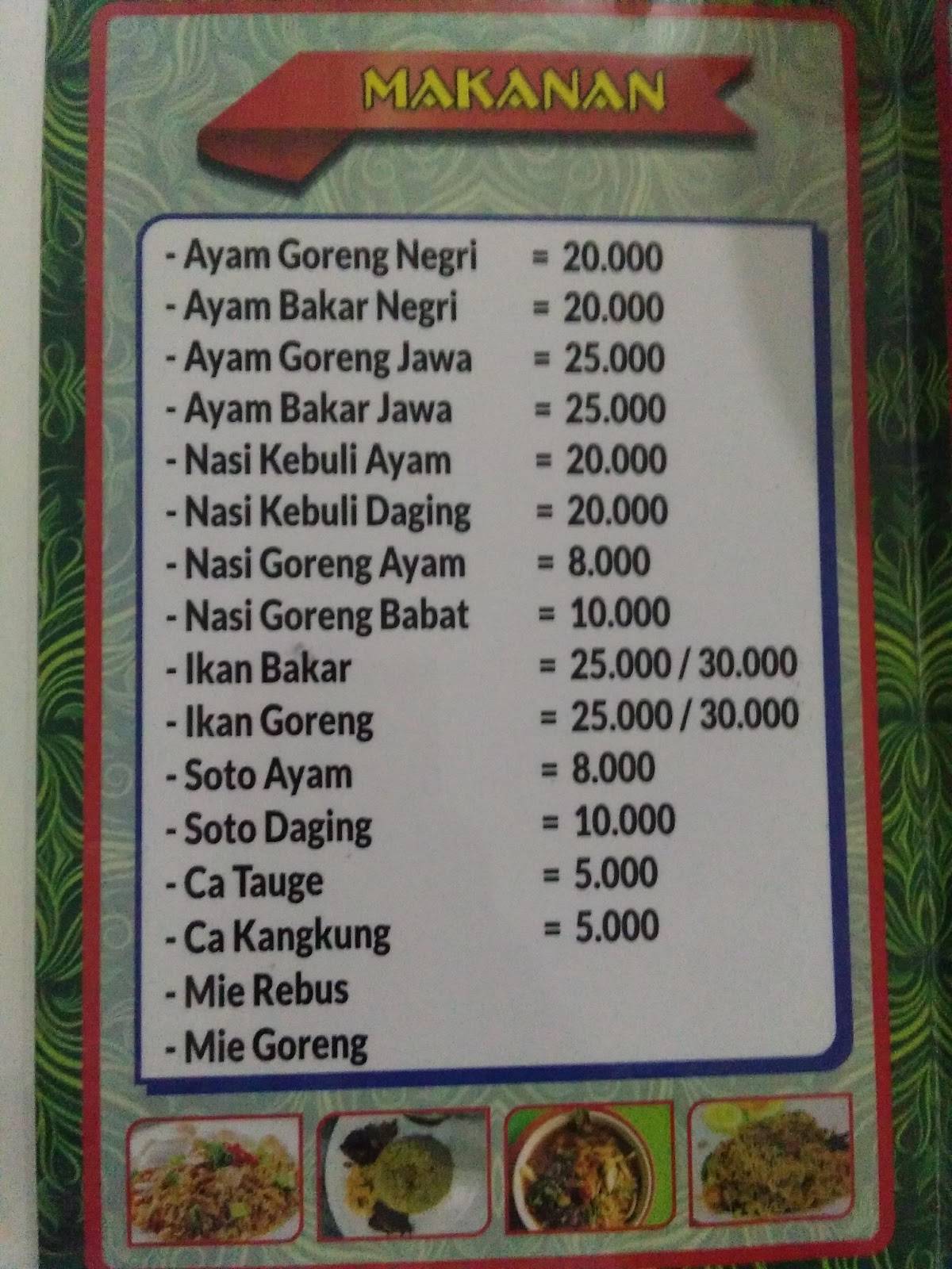 Menu at Rumah Makan Tiang Tigo restaurant, Indonesia