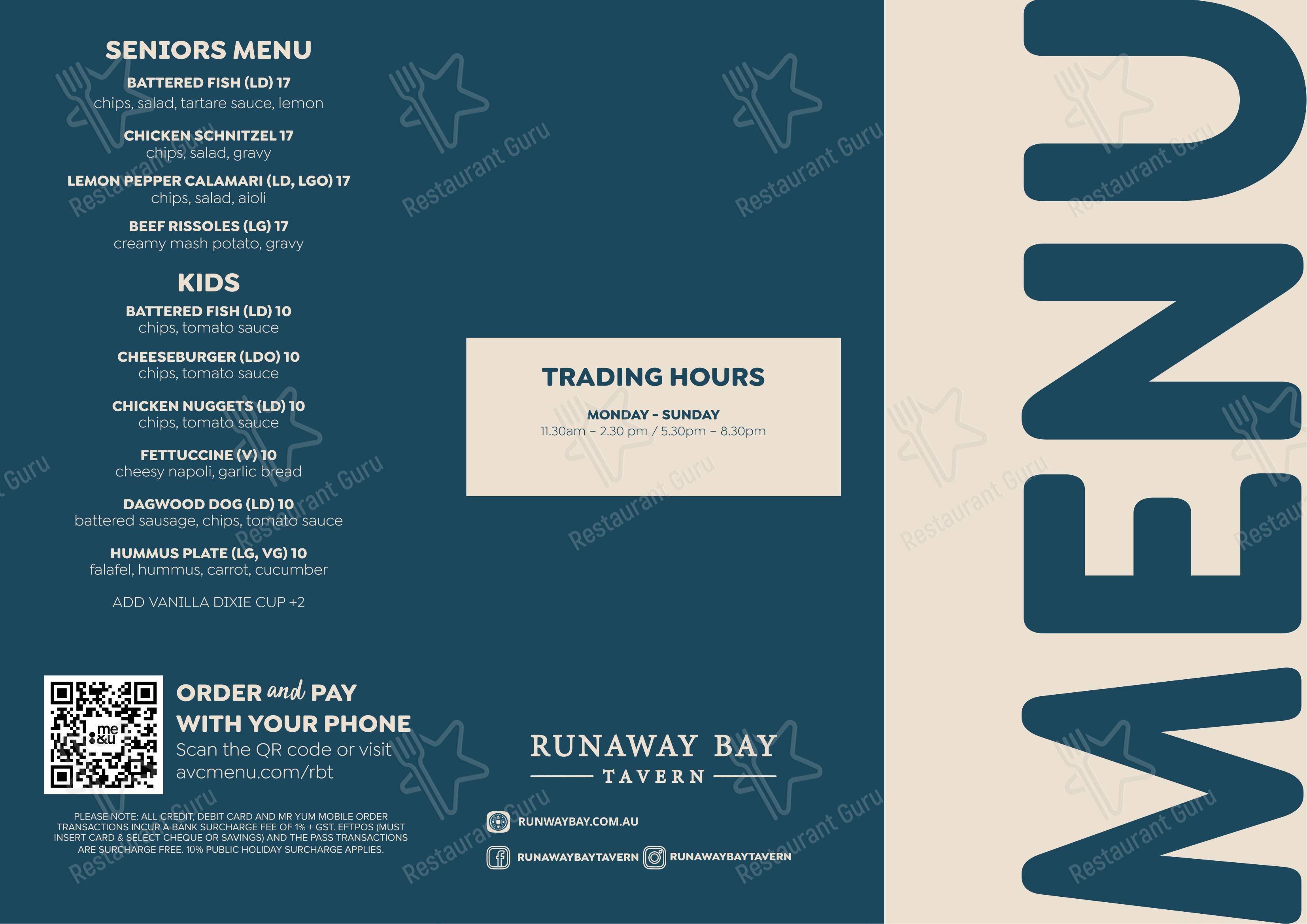 Menu at Runaway Bay Tavern restaurant, Runaway Bay, 10-12 Lae Dr