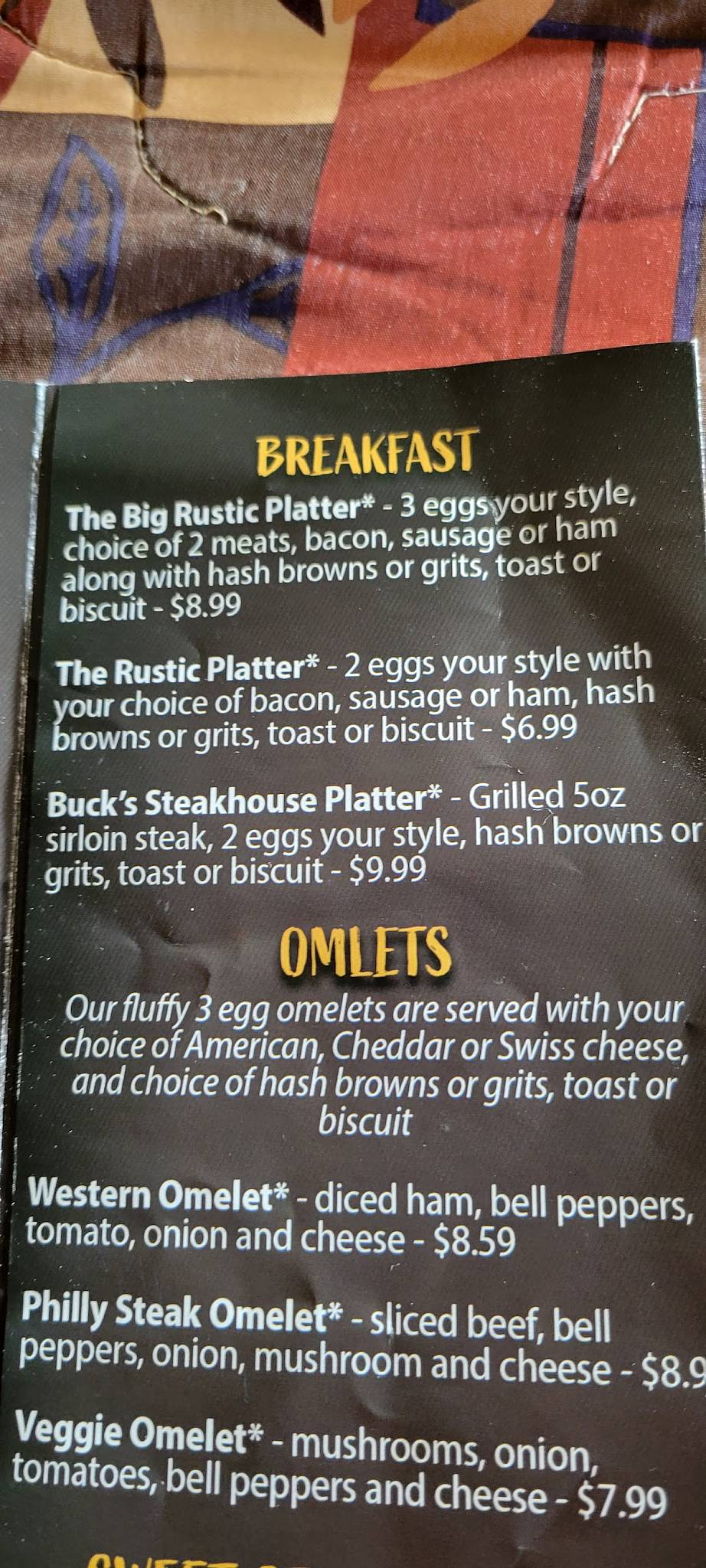 Menu at Rustic Café restaurant, Haskell