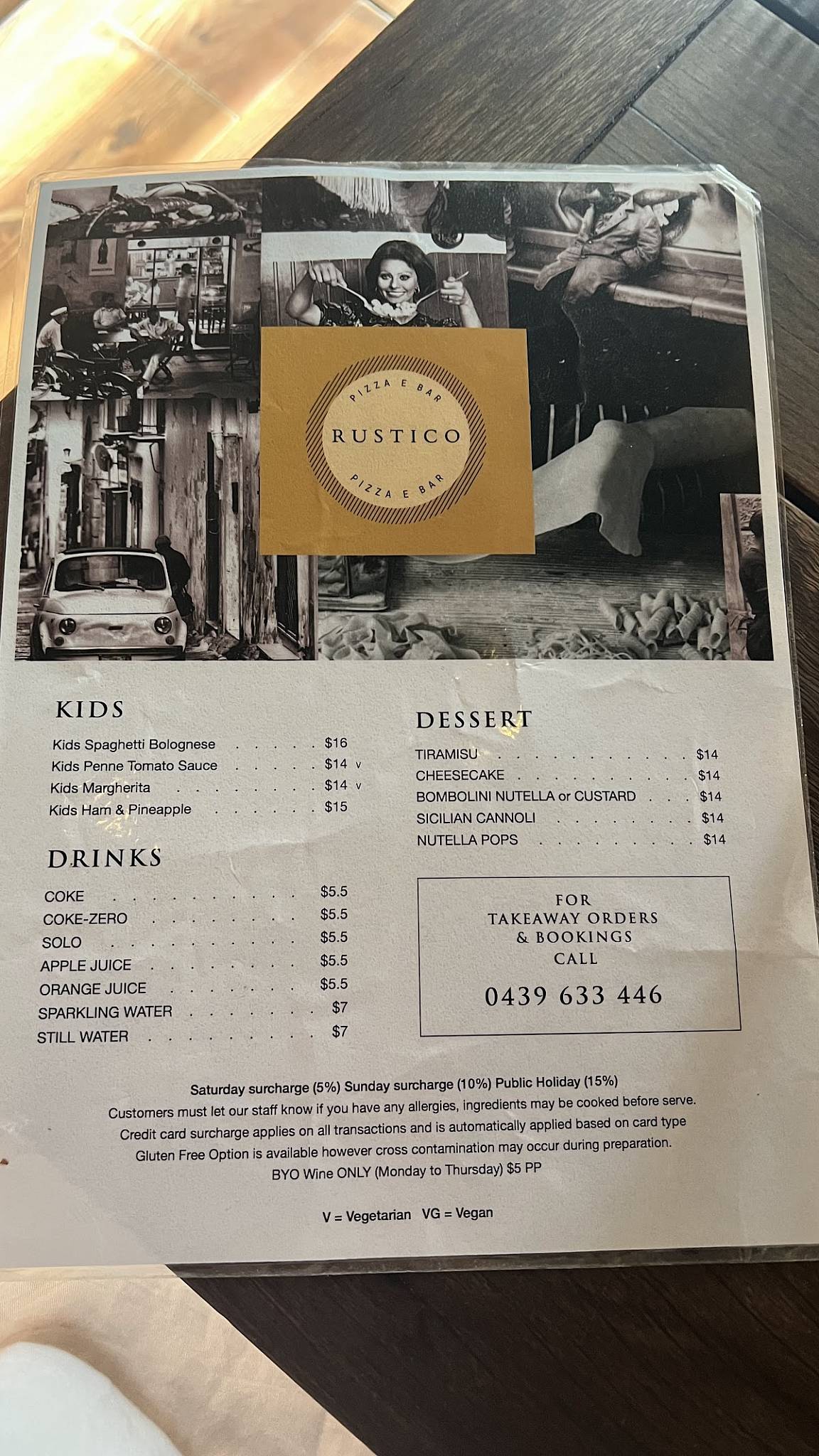 Menu at Rustico restaurant, Katoomba