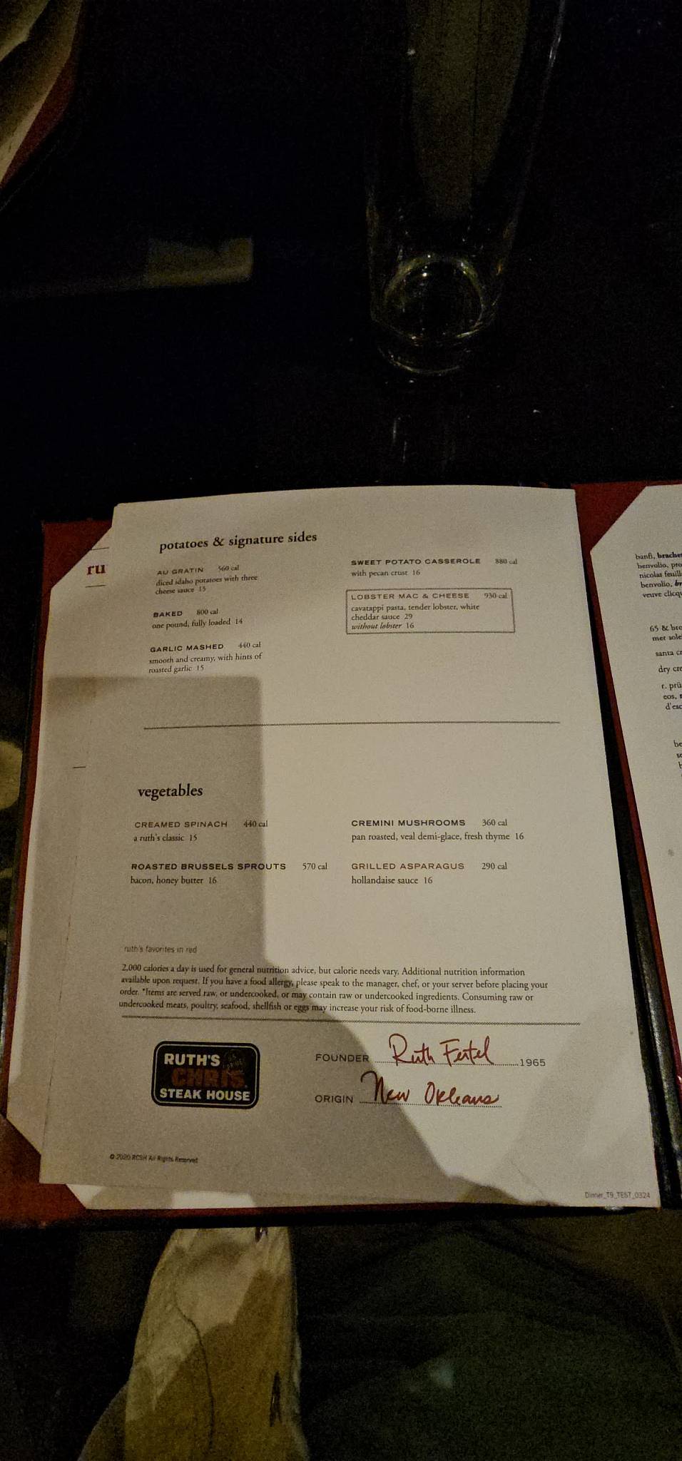 Menu at Ruth's Chris Steak House pub & bar, Reno