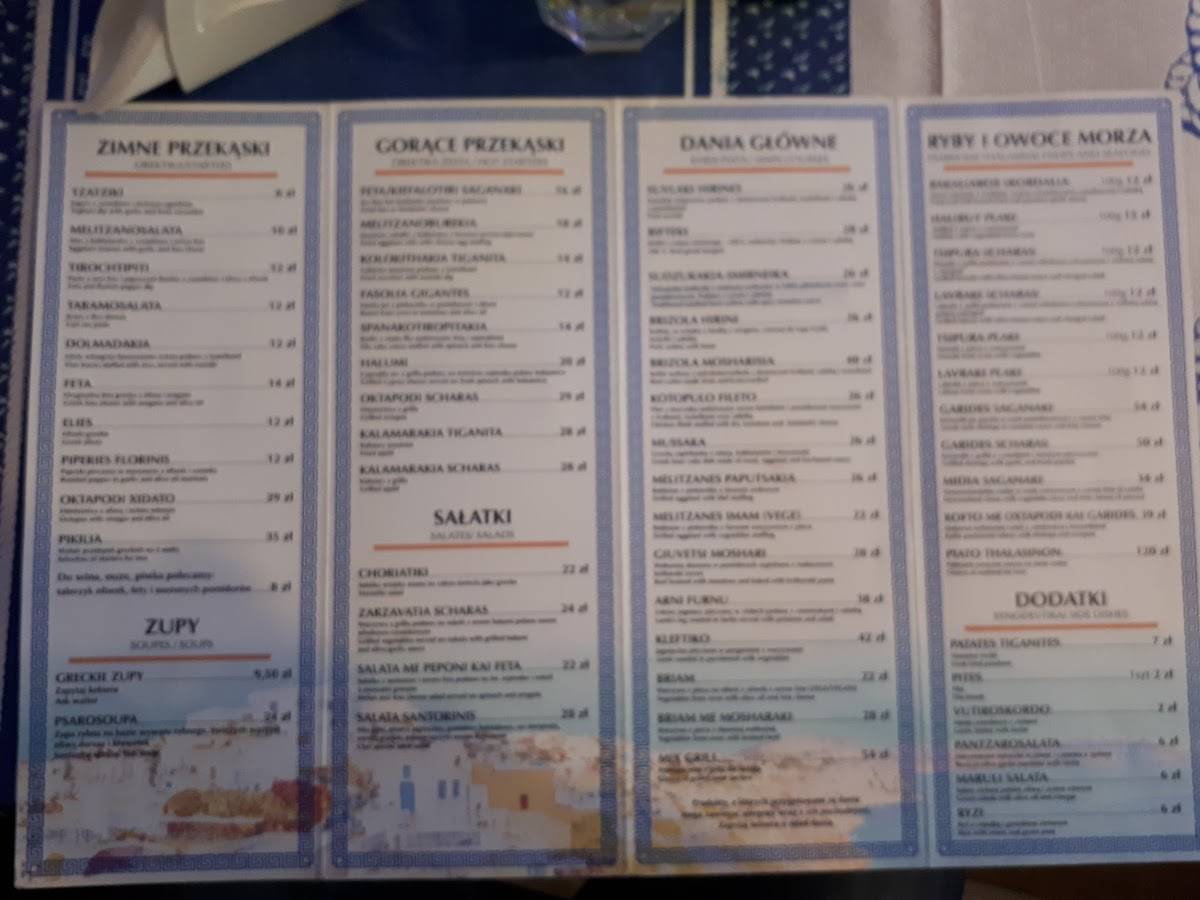 Menu at SANTORINI restaurant, Rybnik
