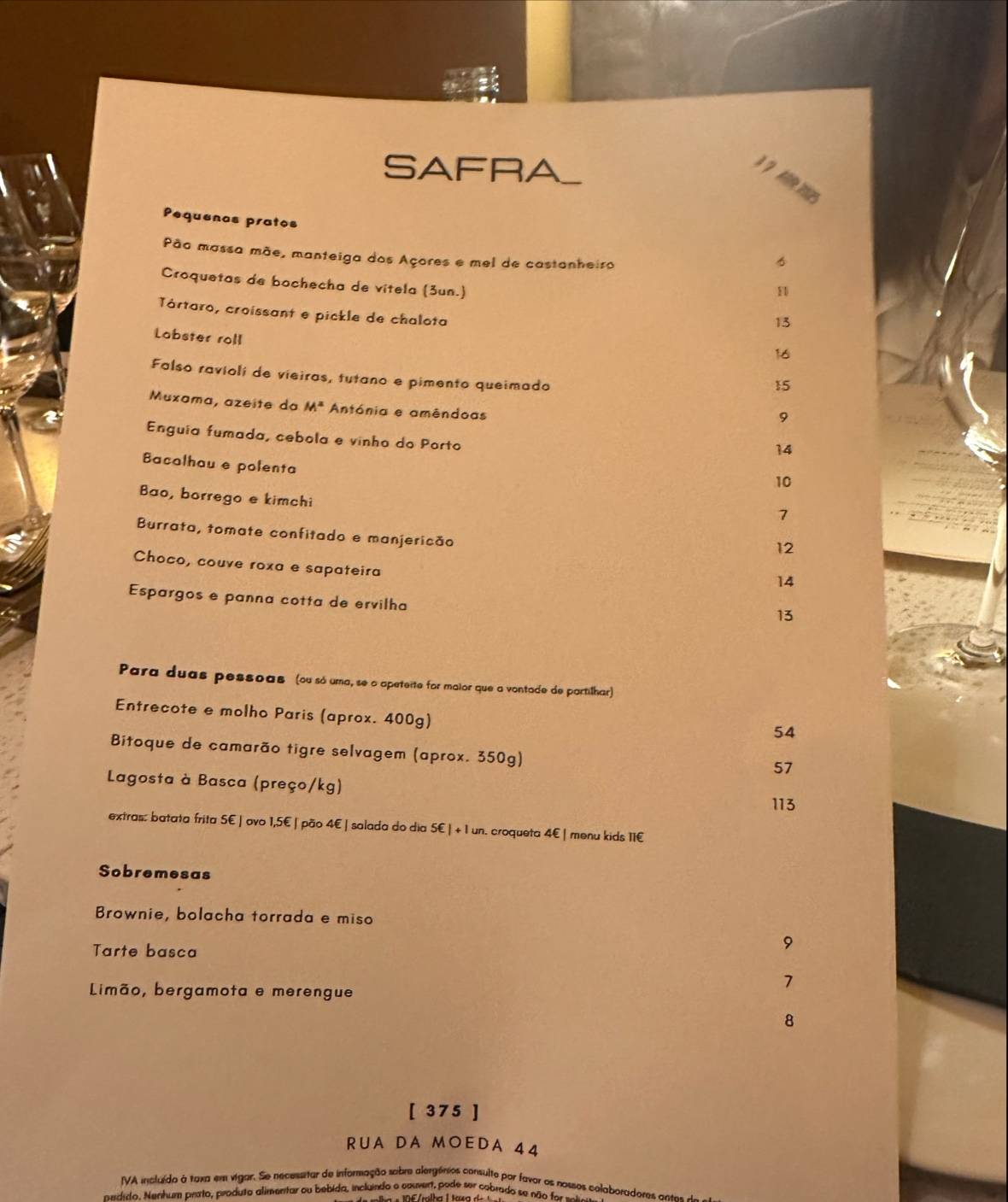 Menu at SAFRA_ restaurant, Coimbra