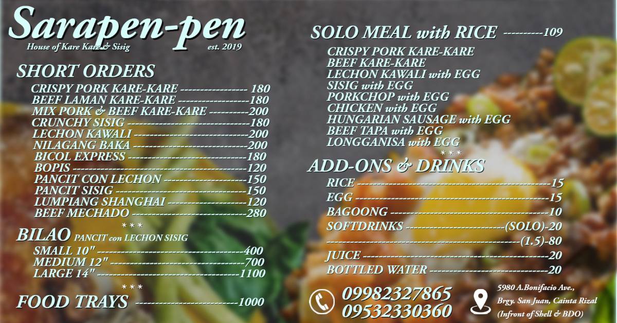 Menu at SARAPEN-PEN House of Kare-Kare and Sisig restaurant, Cainta