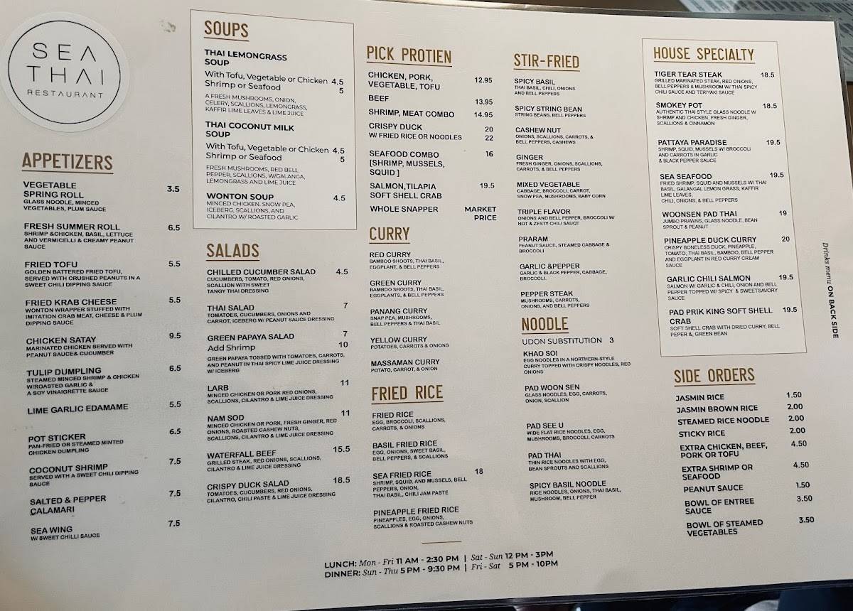 Menu at SEA THAI RESTAURANT, Orlando