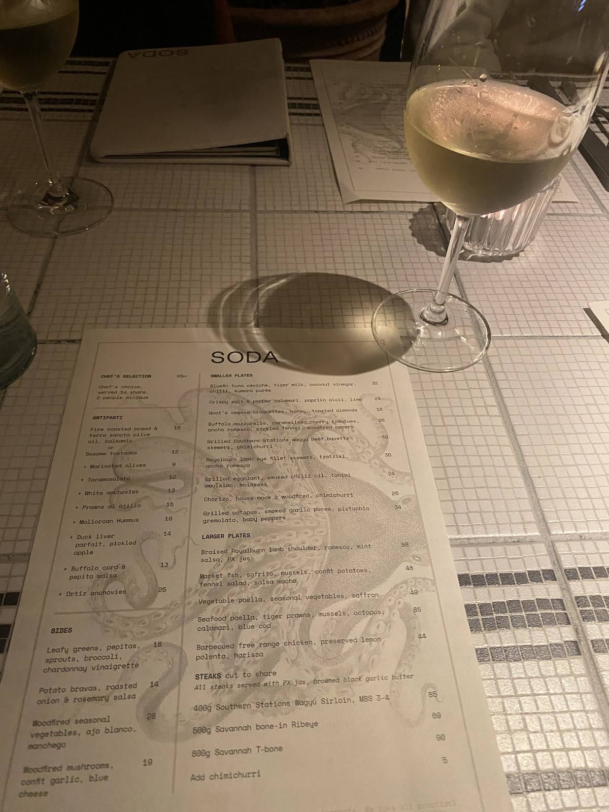 Menu at SODA restaurant, Queenstown