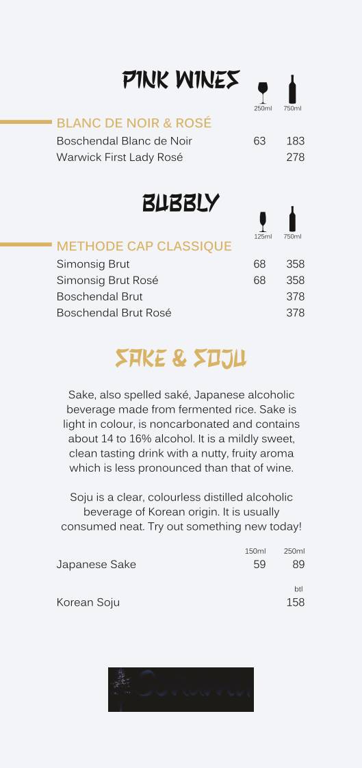 Menu at SONAMU restaurant, Cape Town