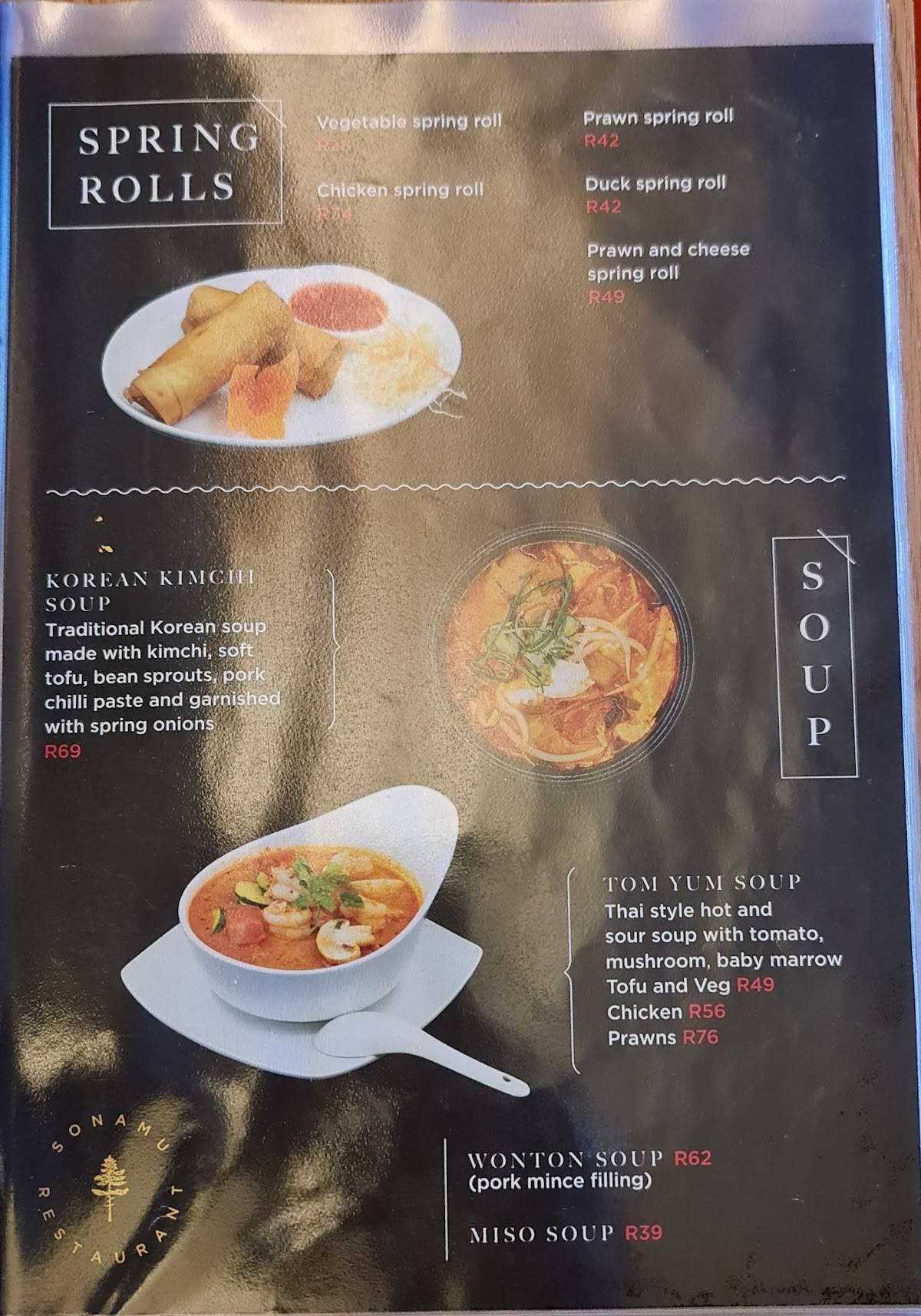 Menu at SONAMU restaurant, Cape Town