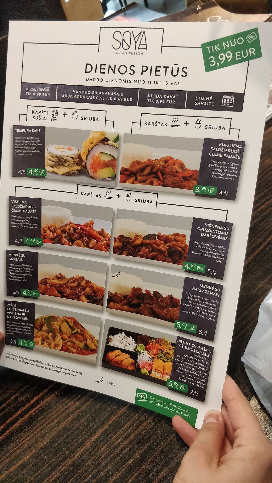 Menu at SOYA restaurant, Šiauliai
